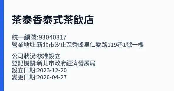 茶泰香泰式茶飲店的照片-統編 93040317(新北市) 公司登記資料與營業項目詳細圖表