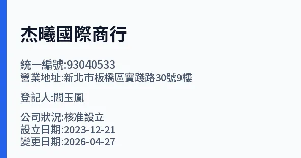 杰曦國際商行的照片-統編 93040533(新北市) 公司登記資料與營業項目詳細圖表