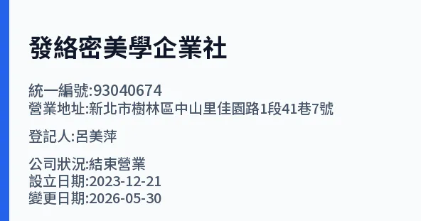 發絡密美學企業社的照片-統編 93040674(新北市) 公司登記資料與營業項目詳細圖表