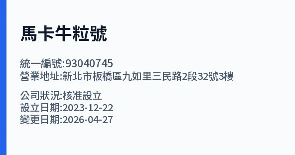 馬卡牛粒號的照片-統編 93040745(新北市) 公司登記資料與營業項目詳細圖表