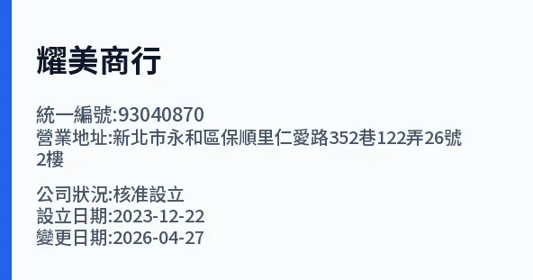 耀美商行的照片-統編 93040870(新北市) 公司登記資料與營業項目詳細圖表