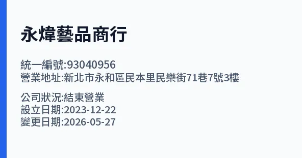 永煒藝品商行的照片-統編 93040956(新北市) 公司登記資料與營業項目詳細圖表
