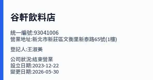 谷軒飲料店的照片-統編 93041006(新北市) 公司登記資料與營業項目詳細圖表