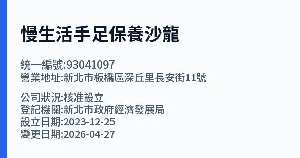 慢生活手足保養沙龍的照片-統編 93041097(新北市) 公司登記資料與營業項目詳細圖表