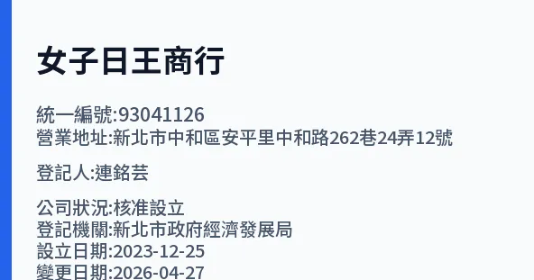 女子日王商行的照片-統編 93041126(新北市) 公司登記資料與營業項目詳細圖表