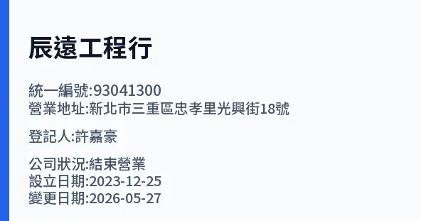 辰遠工程行的照片-統編 93041300(新北市) 公司登記資料與營業項目詳細圖表
