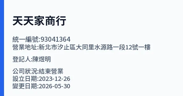 天天家商行的照片-統編 93041364(新北市) 公司登記資料與營業項目詳細圖表