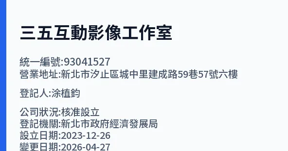 三五互動影像工作室的照片-統編 93041527(新北市) 公司登記資料與營業項目詳細圖表