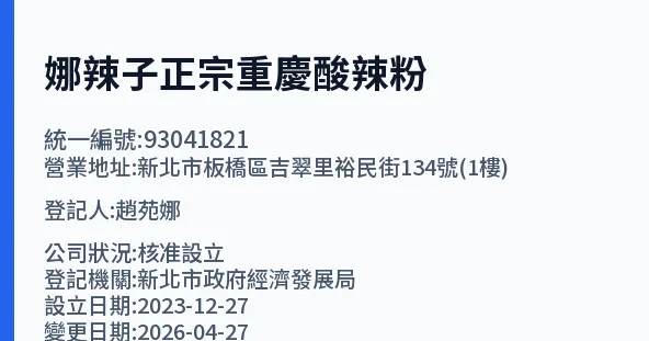 娜辣子正宗重慶酸辣粉的照片-統編 93041821(新北市) 公司登記資料與營業項目詳細圖表