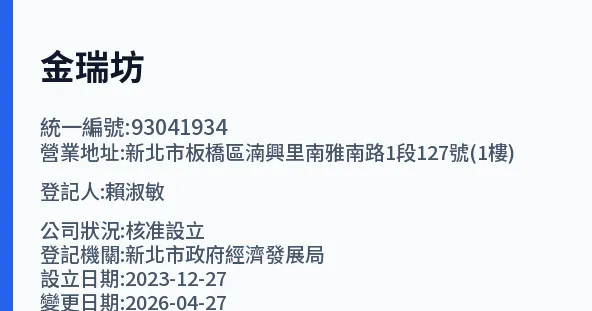 金瑞坊的照片-統編 93041934(新北市) 公司登記資料與營業項目詳細圖表