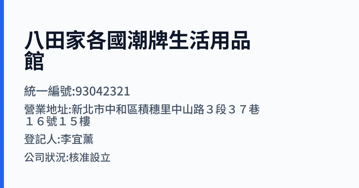 八田家各國潮牌生活用品館 - 統編 93042321(新北市) 公司登記資料與營業項目詳細圖表