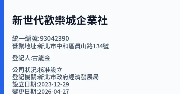 新世代歡樂城企業社的照片-統編 93042390(新北市) 公司登記資料與營業項目詳細圖表