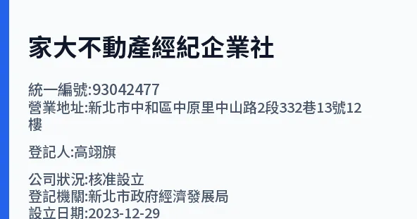 家大不動產經紀企業社的照片-統編 93042477(新北市) 公司登記資料與營業項目詳細圖表
