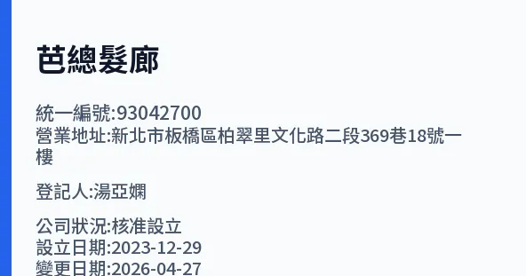 芭總髮廊的照片-統編 93042700(新北市) 公司登記資料與營業項目詳細圖表