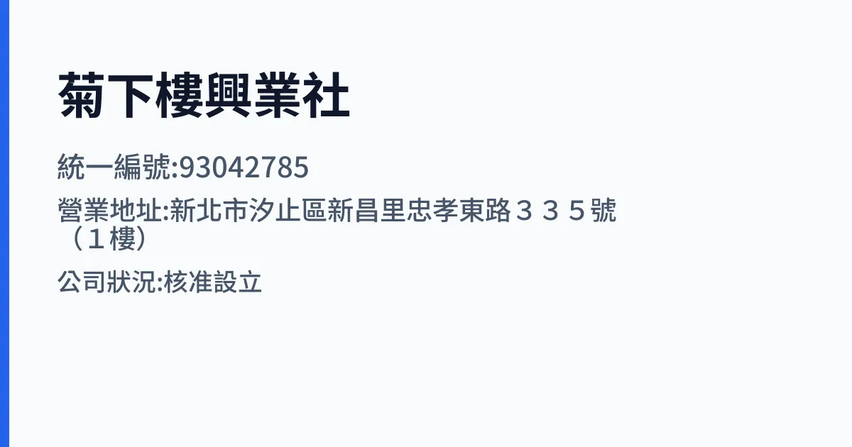 菊下樓興業社 - 統編 93042785(新北市) 公司登記資料與營業項目詳細圖表