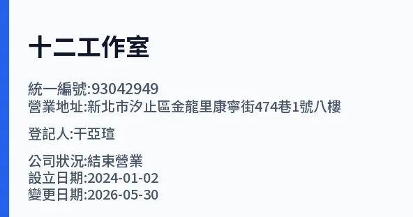 十二工作室的照片-統編 93042949(新北市) 公司登記資料與營業項目詳細圖表