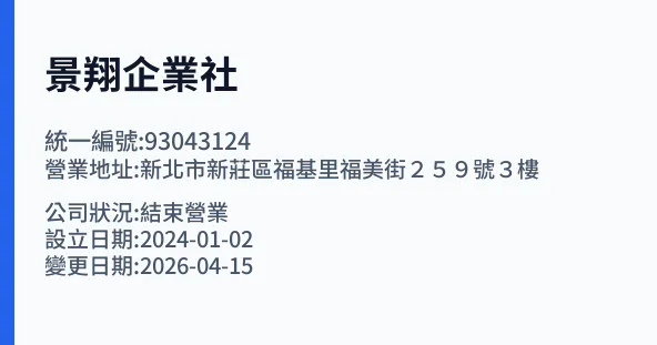 景翔企業社的照片-統編 93043124(新北市) 公司登記資料與營業項目詳細圖表