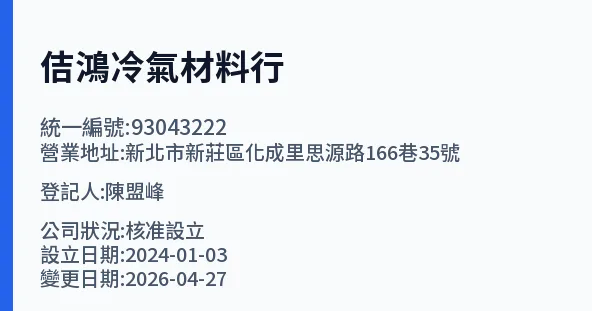 佶鴻冷氣材料行的照片-統編 93043222(新北市) 公司登記資料與營業項目詳細圖表
