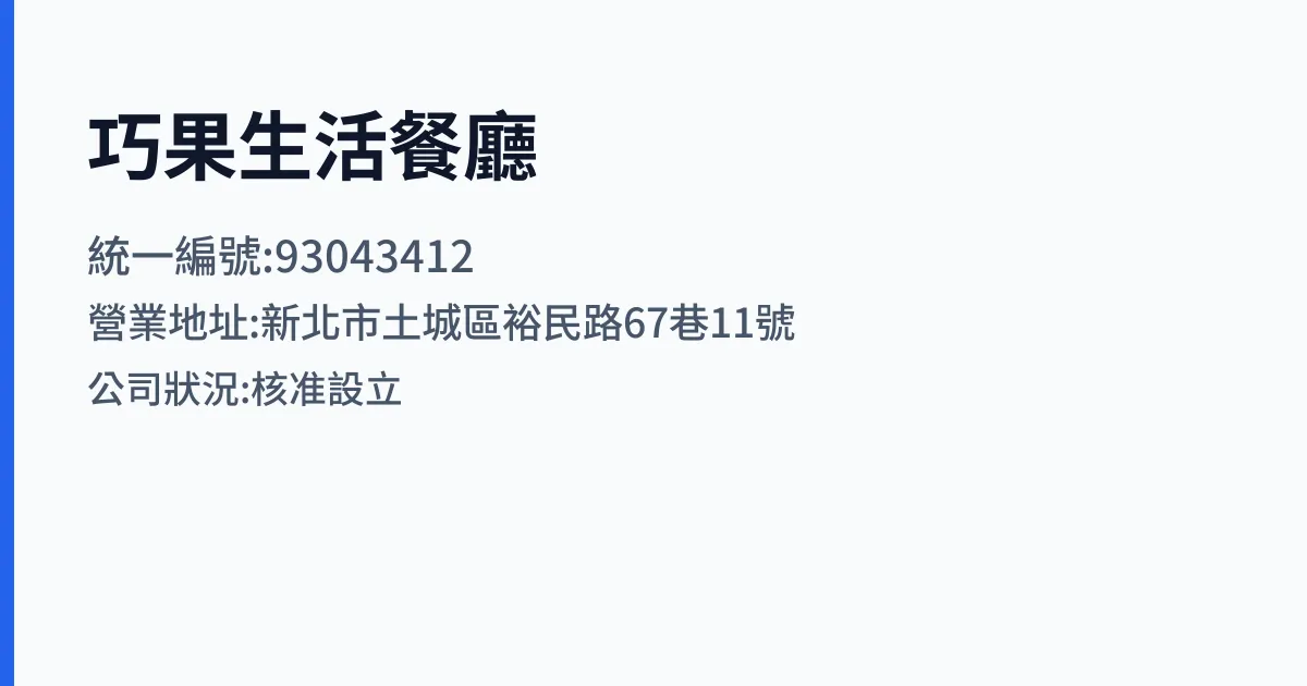 巧果生活餐廳 - 統編 93043412(新北市) 公司登記資料與營業項目詳細圖表
