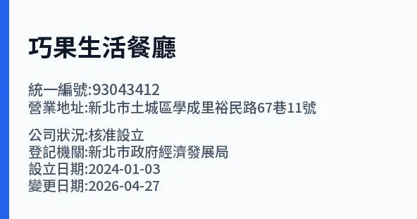 巧果生活餐廳的照片-統編 93043412(新北市) 公司登記資料與營業項目詳細圖表