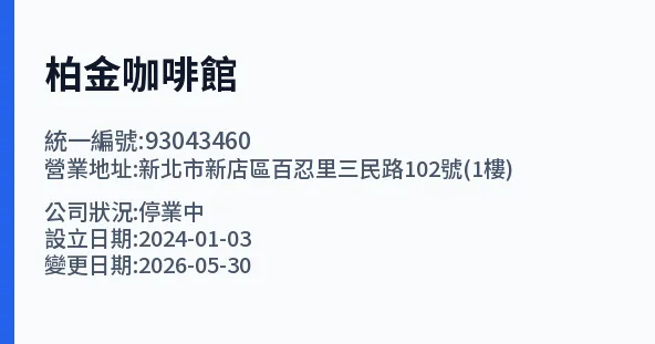 柏金咖啡館的照片-統編 93043460(新北市) 公司登記資料與營業項目詳細圖表