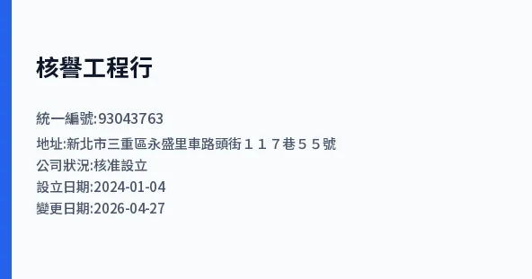 核譽工程行的照片-統編 93043763(新北市) 公司登記資料與營業項目詳細圖表