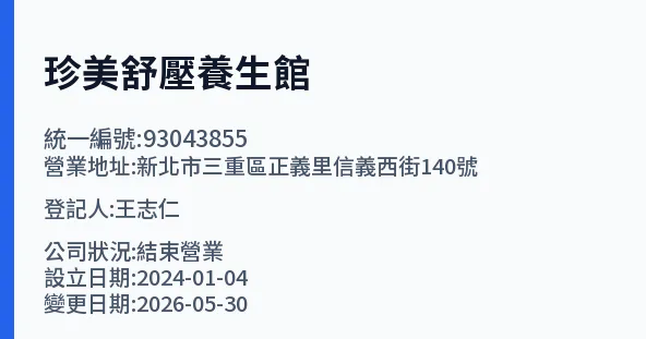 珍美舒壓養生館的照片-統編 93043855(新北市) 公司登記資料與營業項目詳細圖表