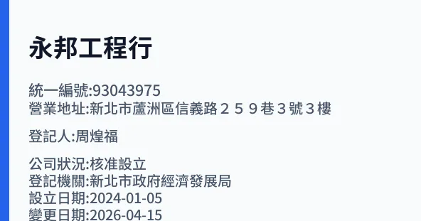 永邦工程行的照片-統編 93043975(新北市) 公司登記資料與營業項目詳細圖表