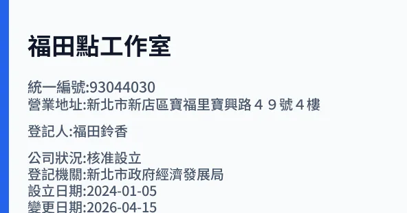 福田點工作室的照片-統編 93044030(新北市) 公司登記資料與營業項目詳細圖表