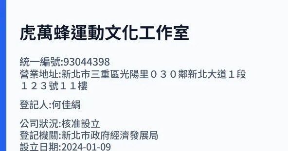 虎萬蜂運動文化工作室的照片-統編 93044398(新北市) 公司登記資料與營業項目詳細圖表