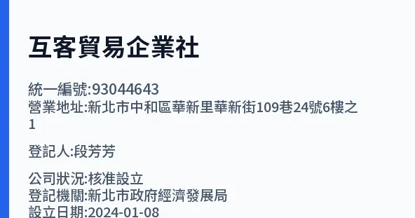 互客貿易企業社的照片-統編 93044643(新北市) 公司登記資料與營業項目詳細圖表