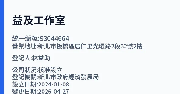 益及工作室的照片-統編 93044664(新北市) 公司登記資料與營業項目詳細圖表