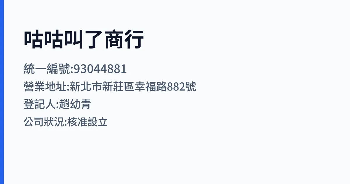 咕咕叫了商行 - 統編 93044881(新北市) 公司登記資料與營業項目詳細圖表
