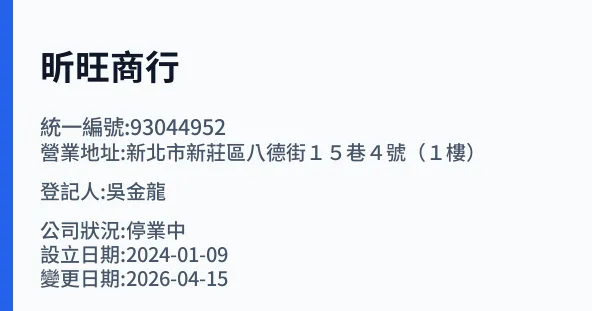 昕旺商行的照片-統編 93044952(新北市) 公司登記資料與營業項目詳細圖表
