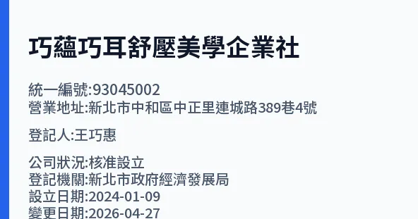 巧蘊巧耳舒壓美學企業社的照片-統編 93045002(新北市) 公司登記資料與營業項目詳細圖表