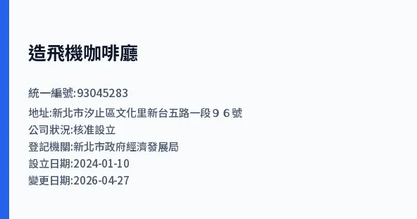 造飛機咖啡廳的照片-統編 93045283(新北市) 公司登記資料與營業項目詳細圖表