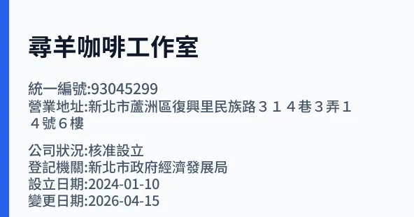 尋羊咖啡工作室的照片-統編 93045299(新北市) 公司登記資料與營業項目詳細圖表