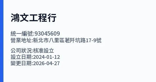 鴻文工程行的照片-統編 93045609(新北市) 公司登記資料與營業項目詳細圖表