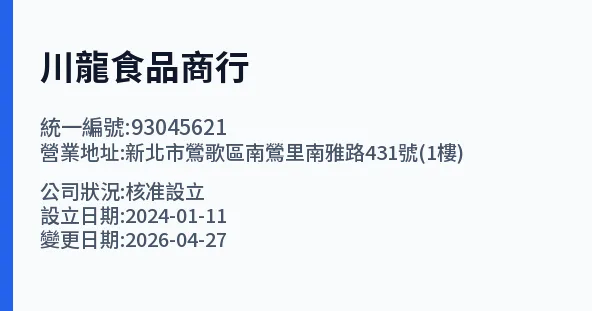 川龍食品商行的照片-統編 93045621(新北市) 公司登記資料與營業項目詳細圖表