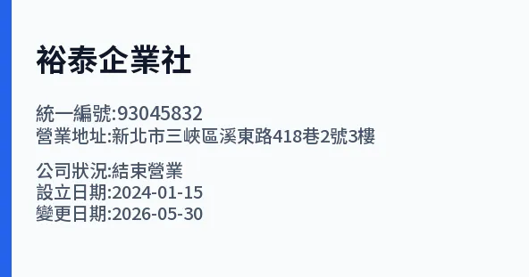 裕泰企業社的照片-統編 93045832(新北市) 公司登記資料與營業項目詳細圖表