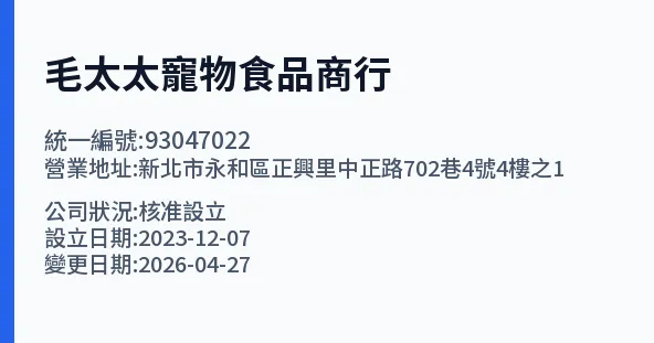 毛太太寵物食品商行的照片-統編 93047022(新北市) 公司登記資料與營業項目詳細圖表