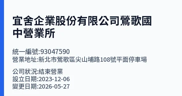 宜舍企業股份有限公司鶯歌國中營業所的照片-統編 93047590(新北市) 公司登記資料與營業項目詳細圖表