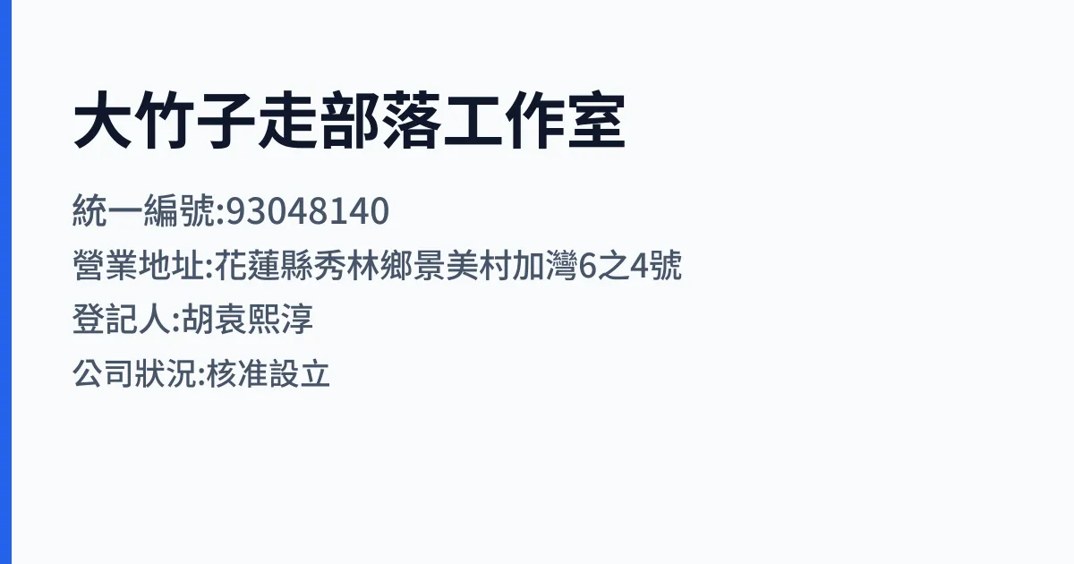 大竹子走部落工作室 - 統編 93048140(花蓮縣) 公司登記資料與營業項目詳細圖表