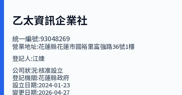 乙太資訊企業社的照片-統編 93048269(花蓮縣) 公司登記資料與營業項目詳細圖表
