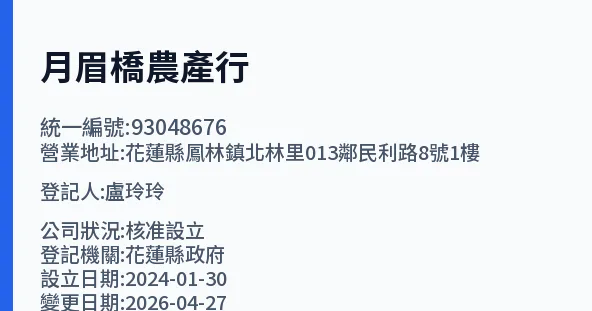 月眉橋農產行的照片-統編 93048676(花蓮縣) 公司登記資料與營業項目詳細圖表