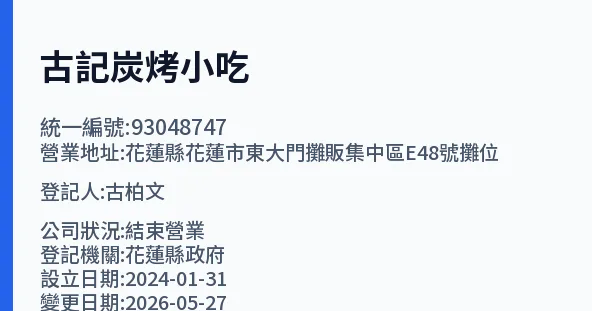古記炭烤小吃的照片-統編 93048747(花蓮縣) 公司登記資料與營業項目詳細圖表