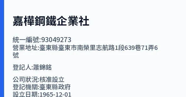 嘉樺鋼鐵企業社的照片-統編 93049273(臺東縣) 公司登記資料與營業項目詳細圖表