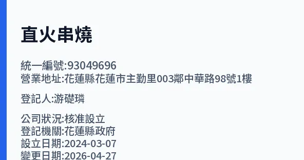直火串燒的照片-統編 93049696(花蓮縣) 公司登記資料與營業項目詳細圖表
