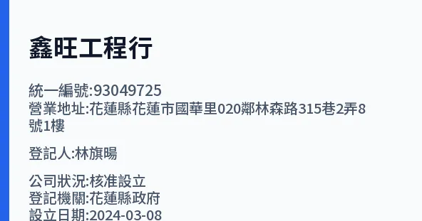 鑫旺工程行的照片-統編 93049725(花蓮縣) 公司登記資料與營業項目詳細圖表
