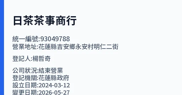日茶茶事商行的照片-統編 93049788(花蓮縣) 公司登記資料與營業項目詳細圖表